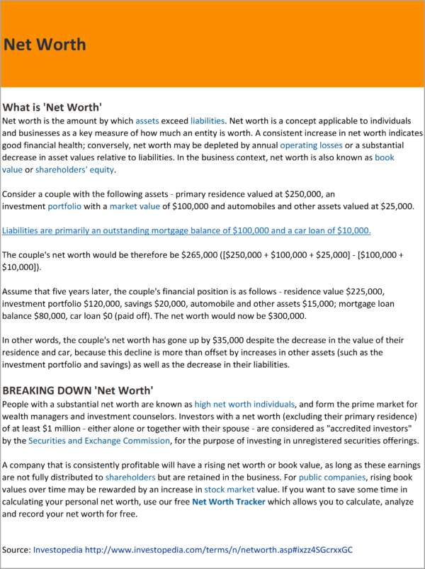 Net Worth Calculator Excel - The Synergy Group AG
